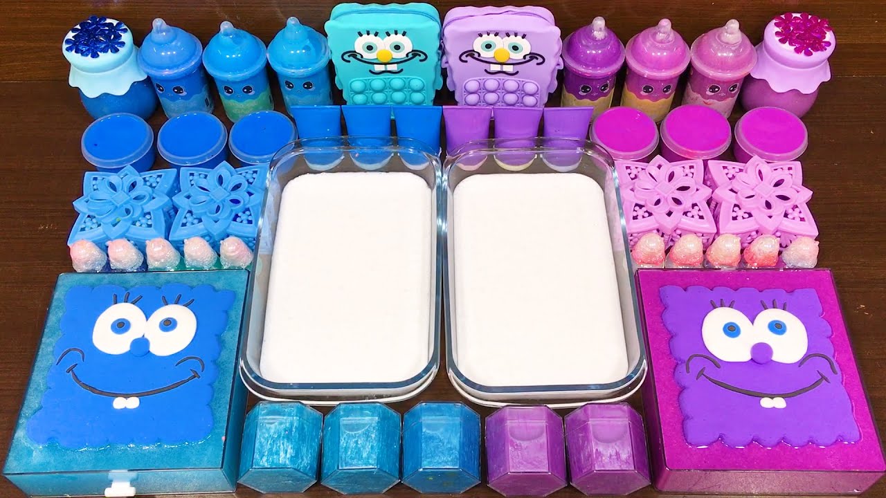 BLUE vs PURPLE SPONGEBOB !!! Mixing Random into GLOSSY Slime ...