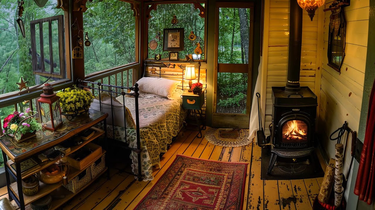 🔴Relaxing Rain Ambience | Sleeping in a Cozy Log Cabin with Warm ...