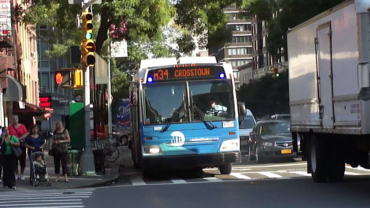 MTA NYCT Bus Orion VII HEV #3822 M34 +Select Bus Service+ arriving into ...