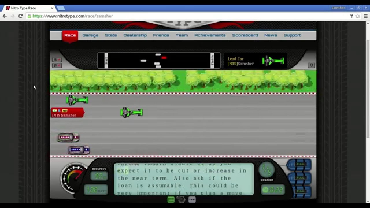 Nitrotype -- 3 Green Pircs on the track - YouTube