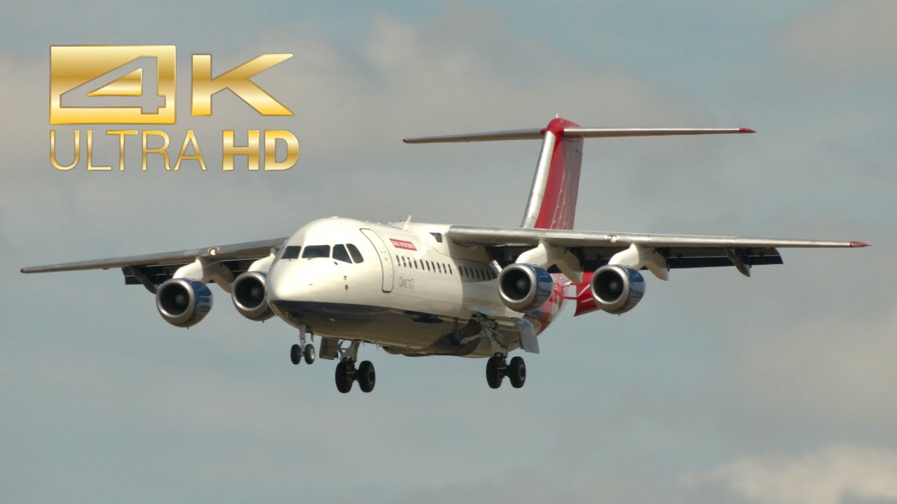 (4K) British Aerospace Avro RJ100 QinetiQ G-ETPL arrival RAF Fairford ...