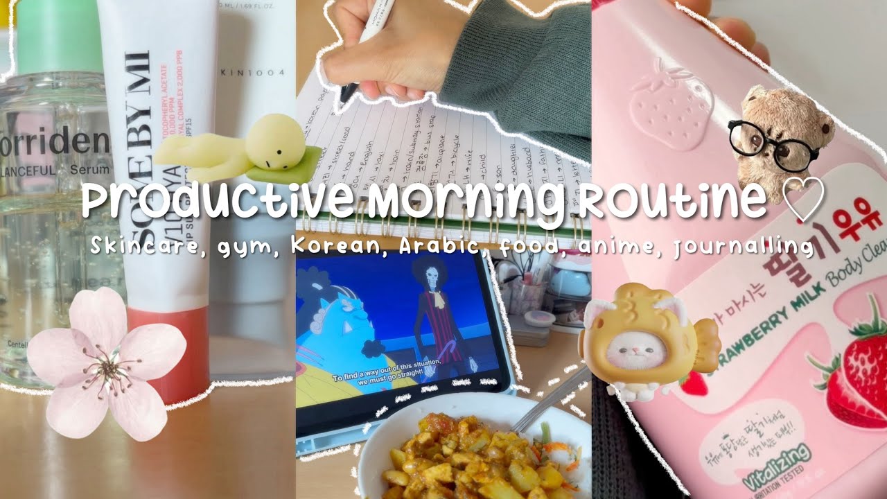 Productive Morning Routine 🌅🧡 skincare, breakfast, gym, Korean, Arabic ...