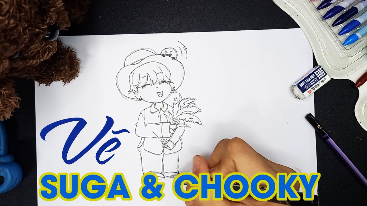 #50 Vẽ SUGA & CHOOKY BTS bằng bút chì cực dễ | Drawing Chibi SUGA BTS ...