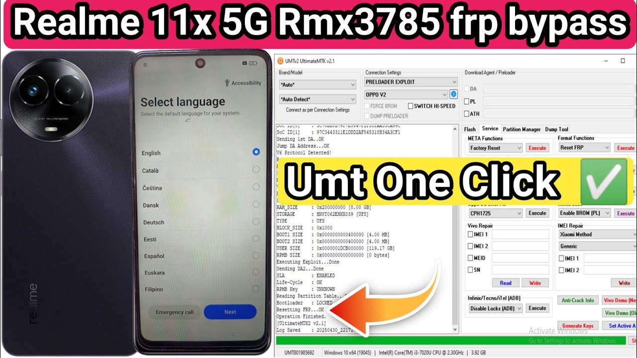 Realme 11x 5G rmx3785 frp bypass umt one click - YouTube