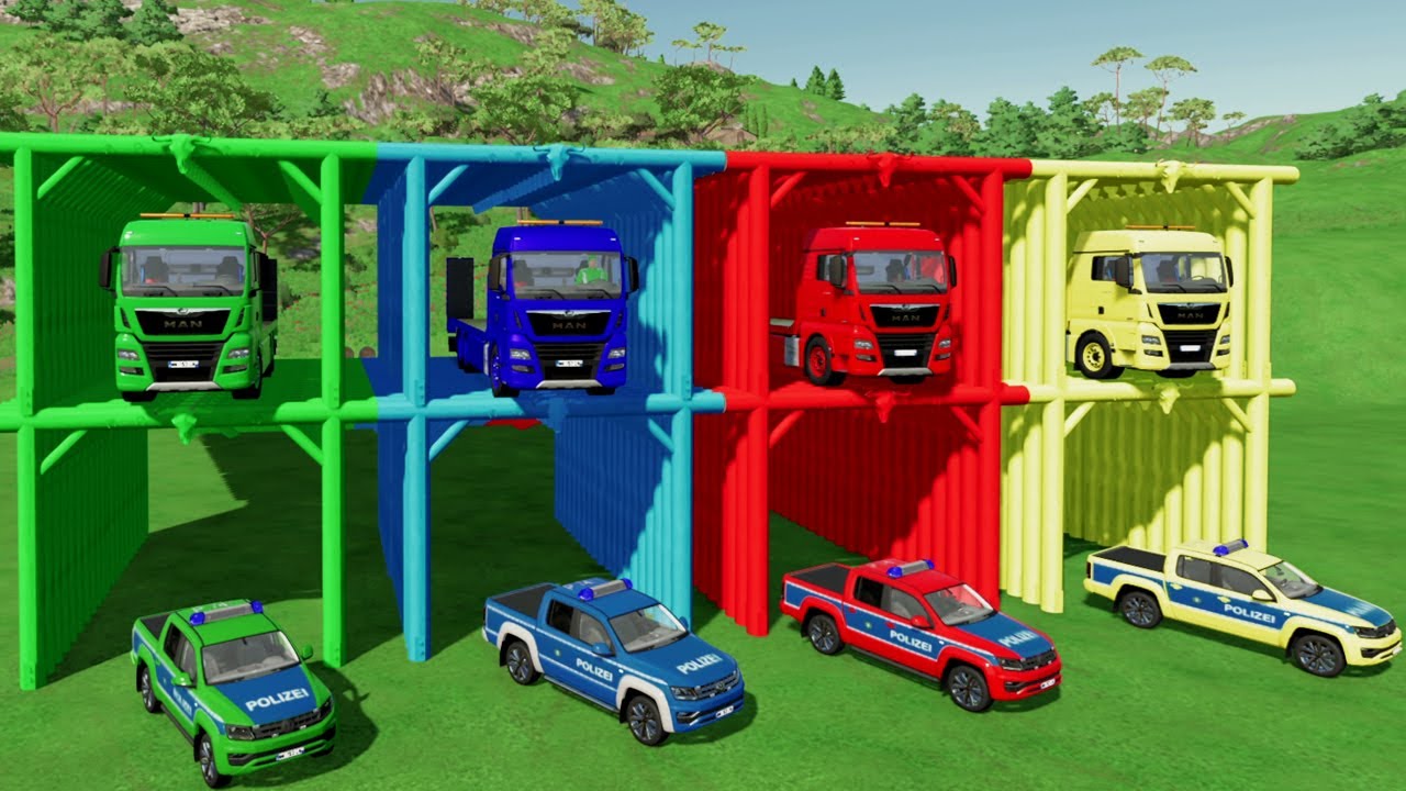 POLICE CARS OF COLORS ! TRANSPORTING COLORED POLICE WITH TRUCKS ...