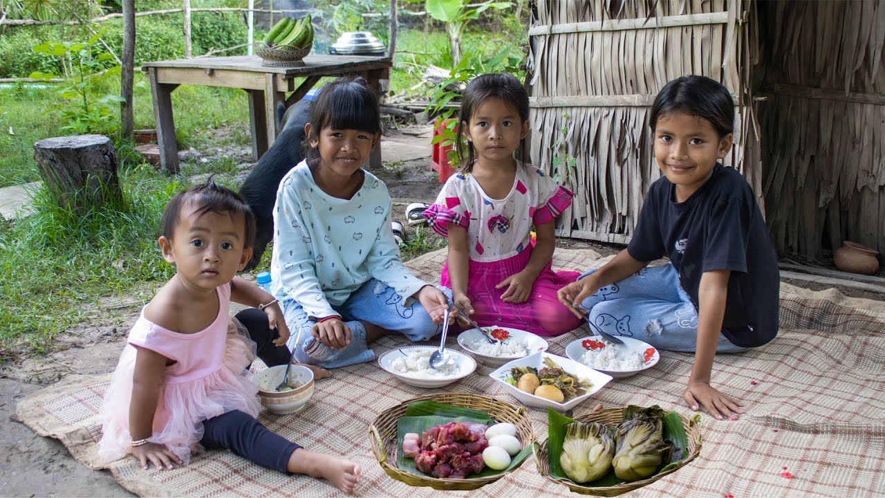Rural life village Little chef cook food for diner so tasty and carry ...