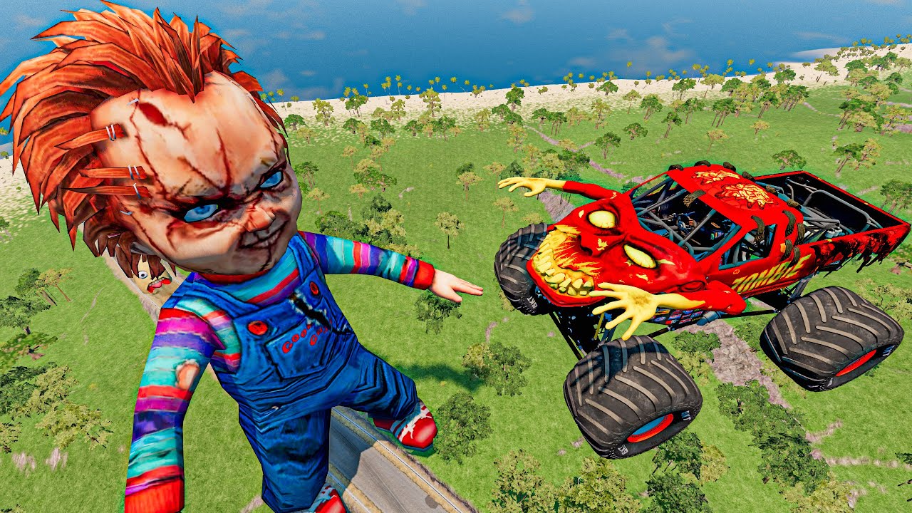 Chucky vs Zombie Truck crashes on ramp jump on the sky - Beamng drive ...