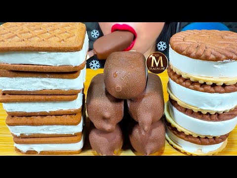 ASMR MAGNUM DOUBLE CHOCOLATE ICE CREAM + RINGO ICE CREAM SANDWICH MASSIVE Eating Sounds