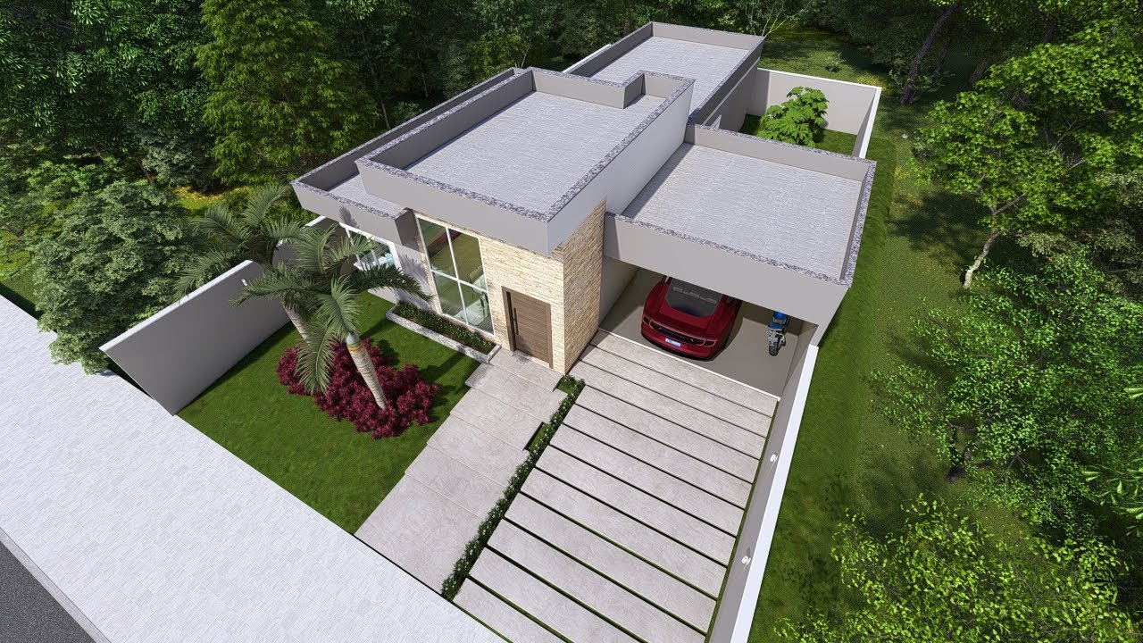 Planta de Casa em 3D com dois Quartos, Garagem e Cozinha americana ...