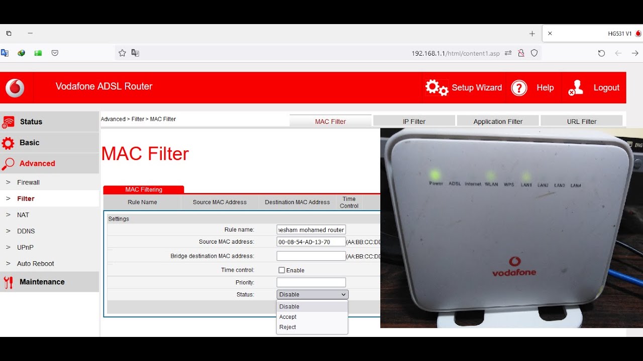 ضبط اعدادات راوتر فودافون بالكاملHG531 وتحديد المشتركين بالماك ادرس ...