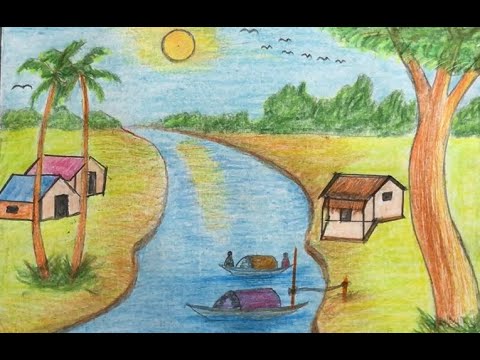 Mountain and River Landscape Drawing - Easy Pencil Drawing Landscape ...