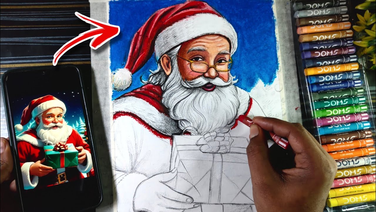 Santa Claus Drawing With Oil Pastle, Merry Christmas Drawing, How To ...