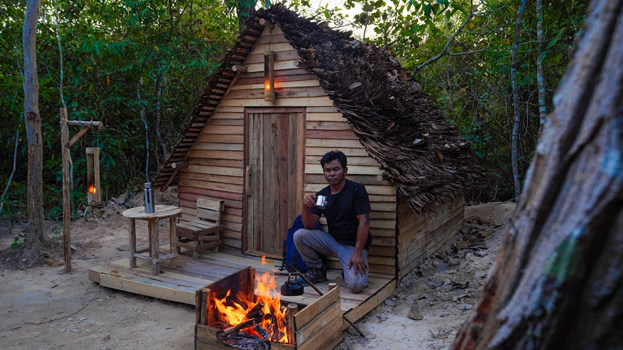 [Start To Finish] Bushcraft Building Wood Hut Alone In Jungle, Camping ...