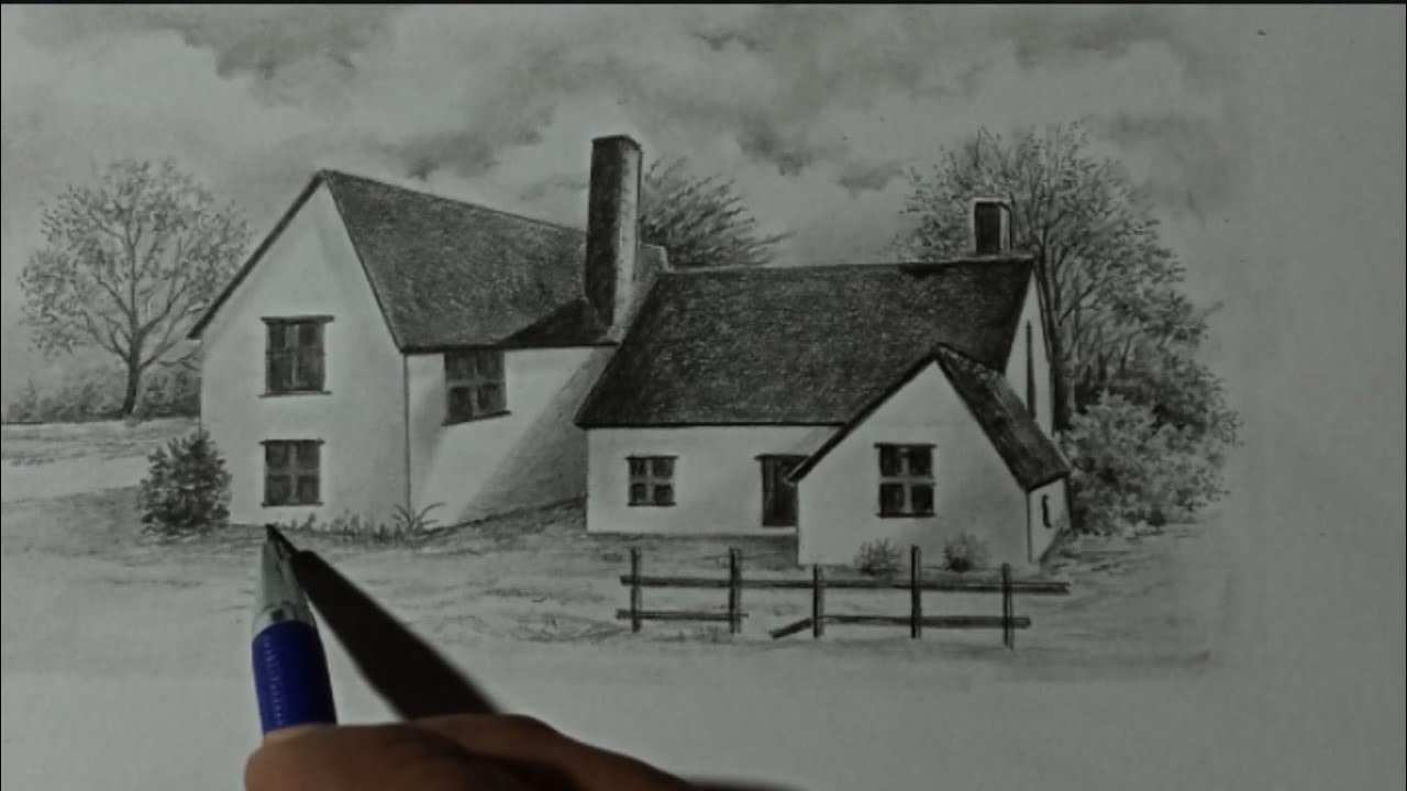 HOW TO DRAW A HOUSE || DRAWING A HOUSE,CLOUD,TREES,BUSH,GRASS - YouTube