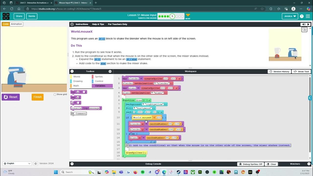 Code.org - CS Discoveries - Unit 3: Interactive Animations & Games: Lesson 17: Mouse input ...