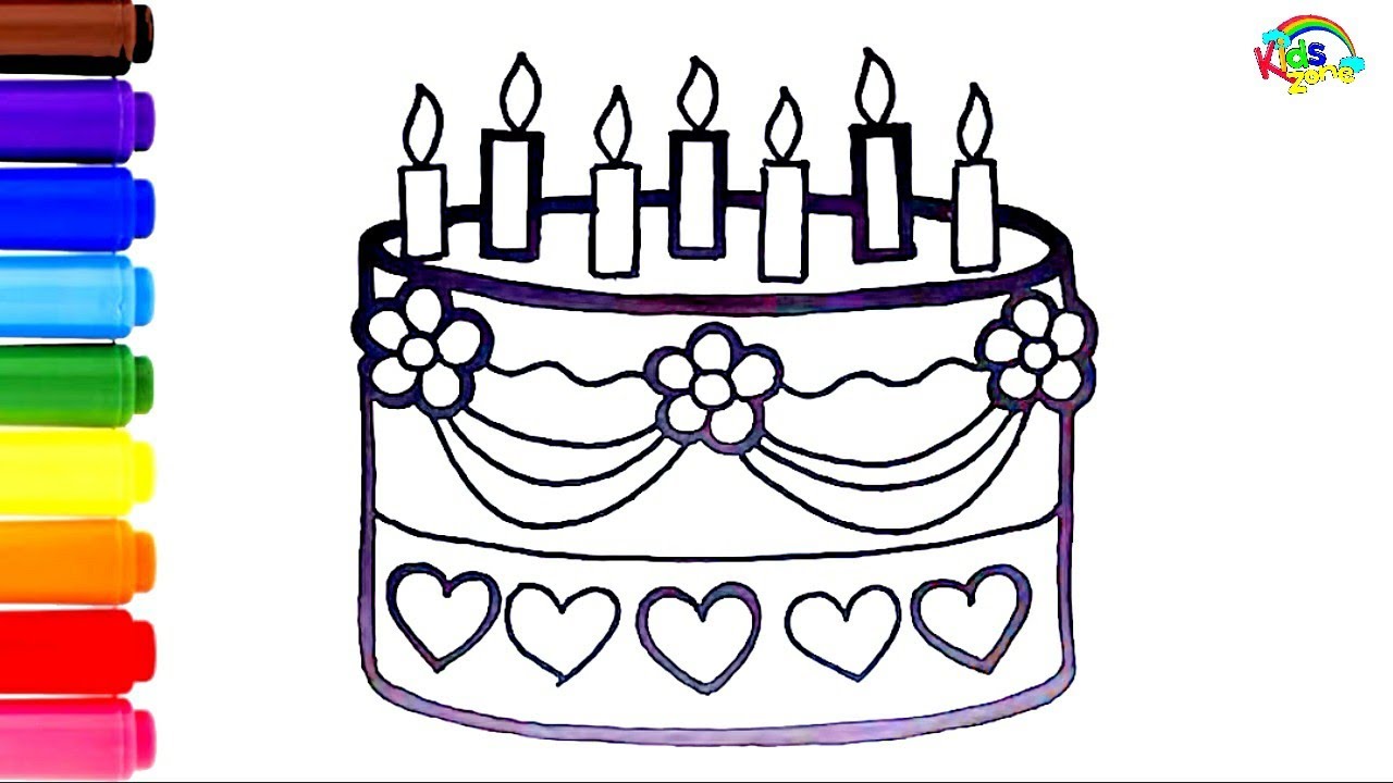 Birthday Cake Drawing, Coloring, Painting for Kids Toddlers | How to ...