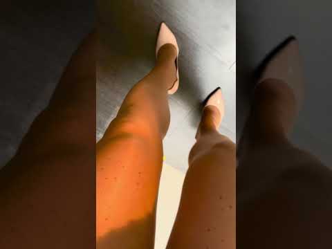 Short Denim Skirt, Suntan Pantyhose, Beige Stilettos