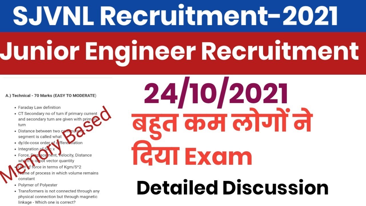 SJVNL PAPER ANALYSIS||SJVL JUNIOR ENGINEER MEMORY BASED QUESTIONS ...