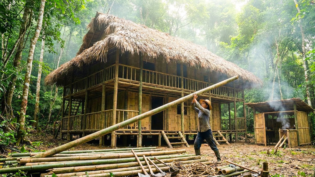 She Build a Complete Bamboo House & Kitchen Alone in the Wild ...