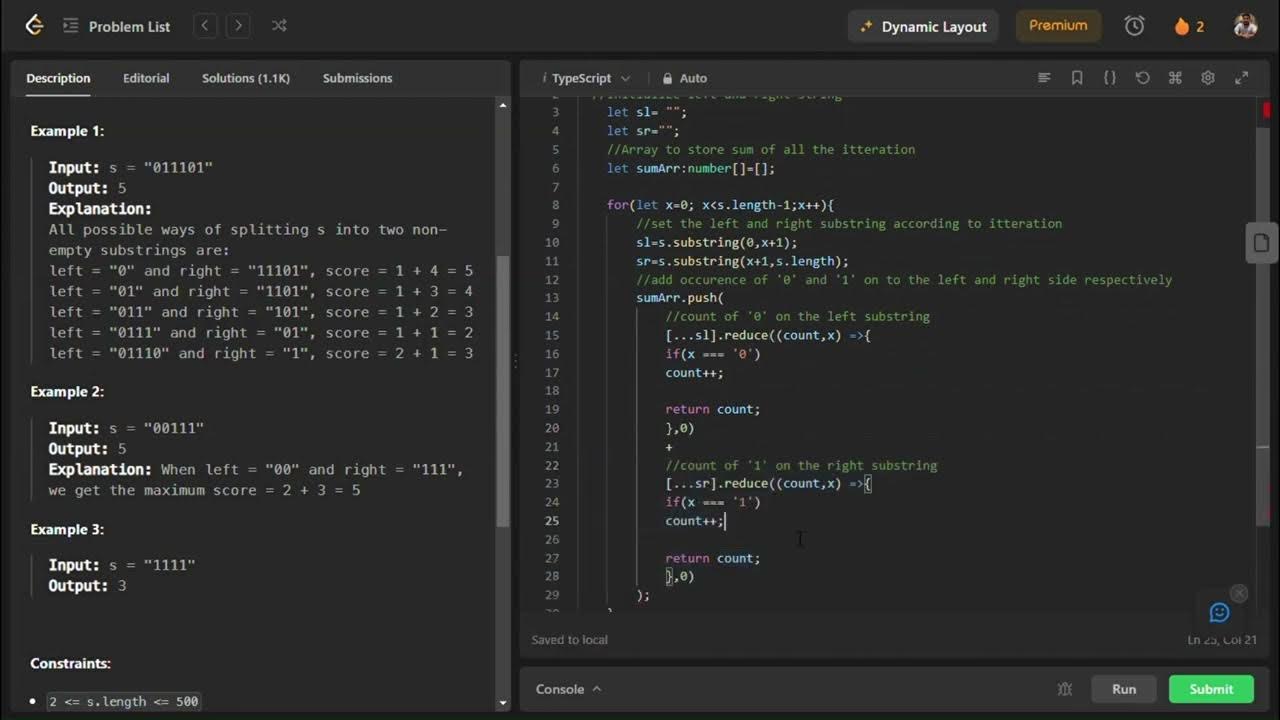 1422 Maximum Score After Splitting A String Leetcode Typescript Youtube