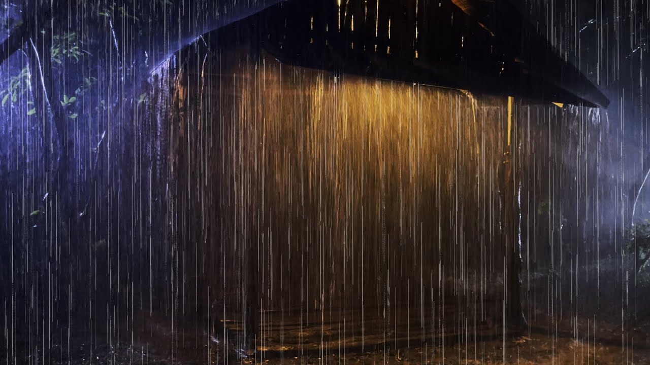 Heavy Rain is Pelting Down on Wooden Roof in Forest Tropic at Night ...
