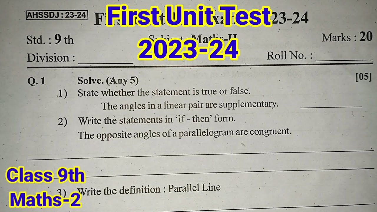 First Unit Test Class 9th Maths Part -2 | Class 9th Maths-II 2023-24 ...