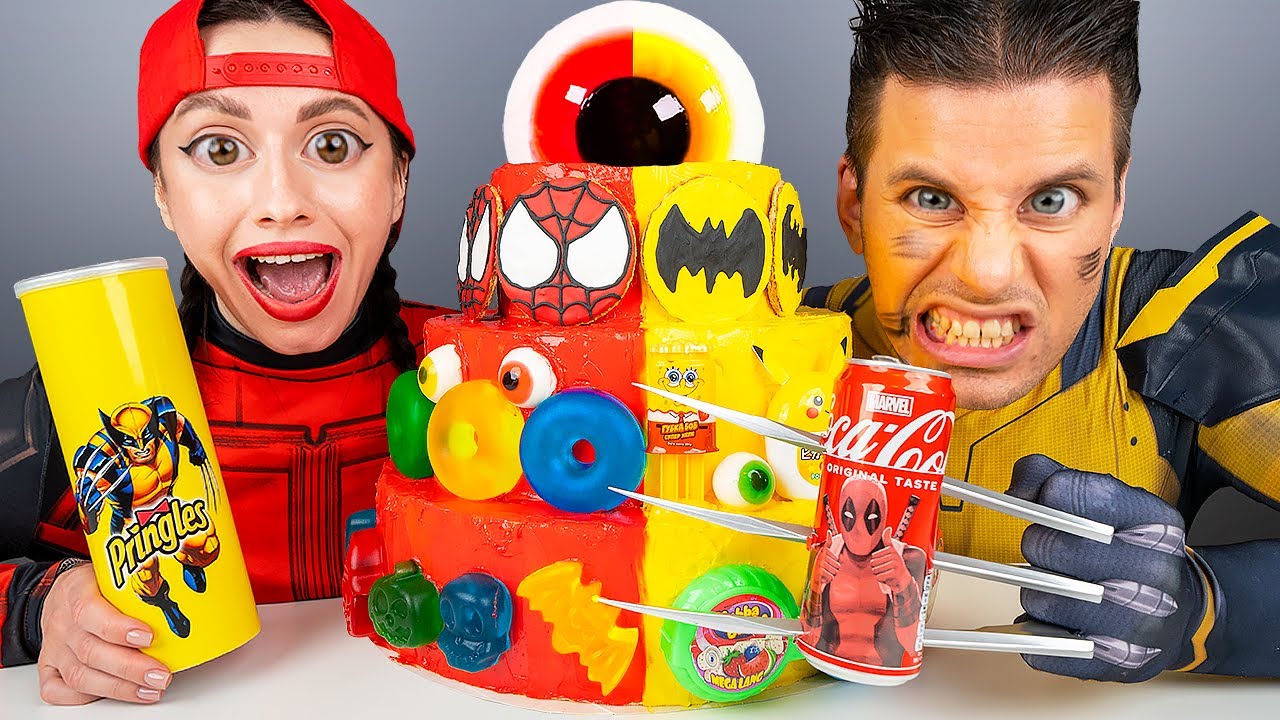 Mukbang Giant Eyeball Jelly Superhero Cake 케이크 먹방 챌린지 Deadpool vs ...