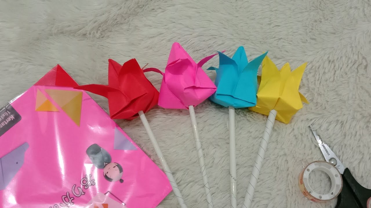 Tutorial membuat Bunga Tulip dari kertas lipat/ origami - YouTube