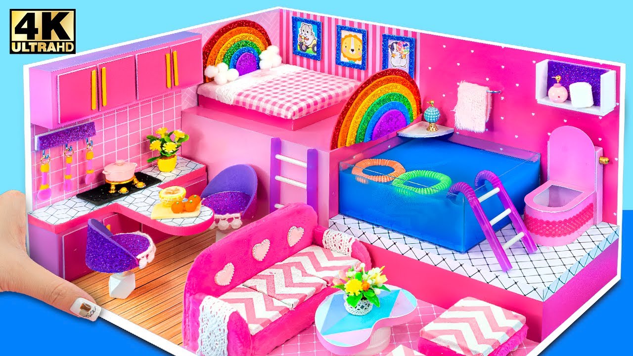 How To Make Pink Miniature House from Cardboard (Easy) ️ DIY Miniature ...