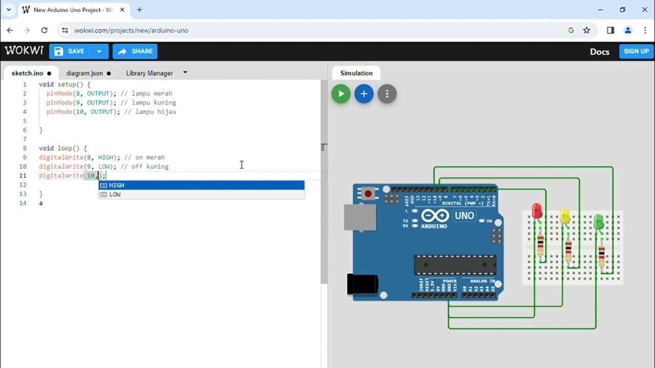 Simulasi Lampu Lalu lintas menggunakan Arduino,via web Wokwi - YouTube
