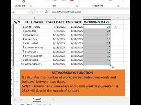 Networkdays function in Excel - YouTube