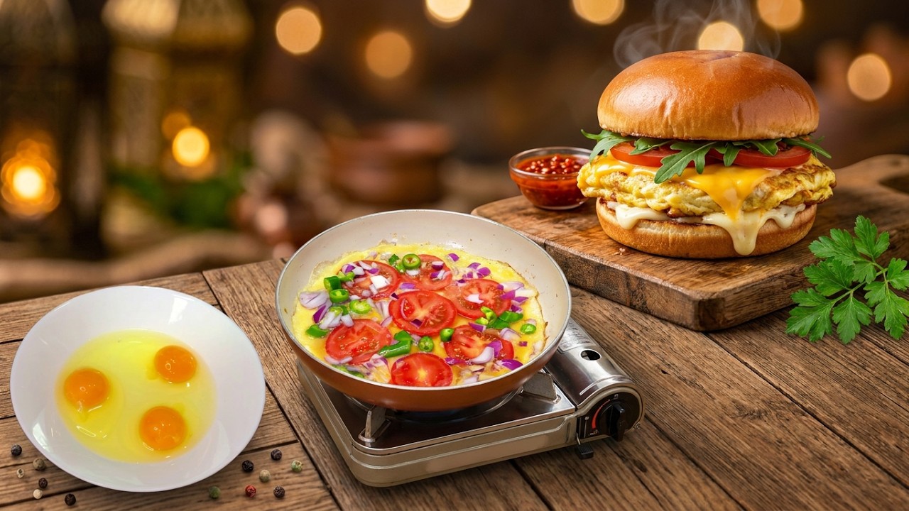 5-Minute Cheesy Omelette Burger| Breakfast Omelette Burger Recipe - YouTube