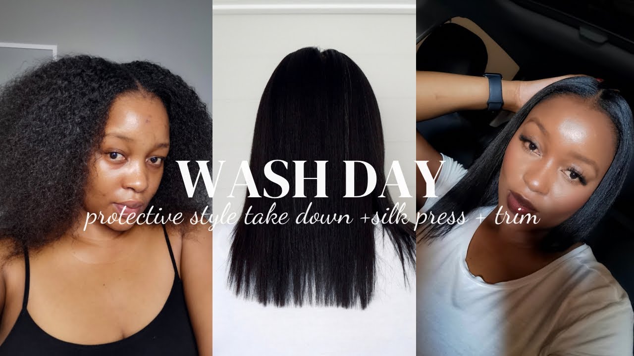 Relaxed Hair : Undoing my cornrows, wash day, silk press & trim | Vlog ...