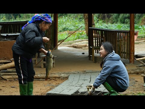 Yağmurlu bir gün: Balık havuzuna giden yolu bitirmek ve bambu çubuklar yapmak