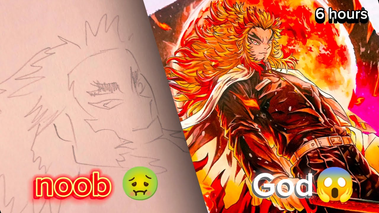 rengoku artwork challenge . rengoku 6 hour drawing. How to draw rengoku ...