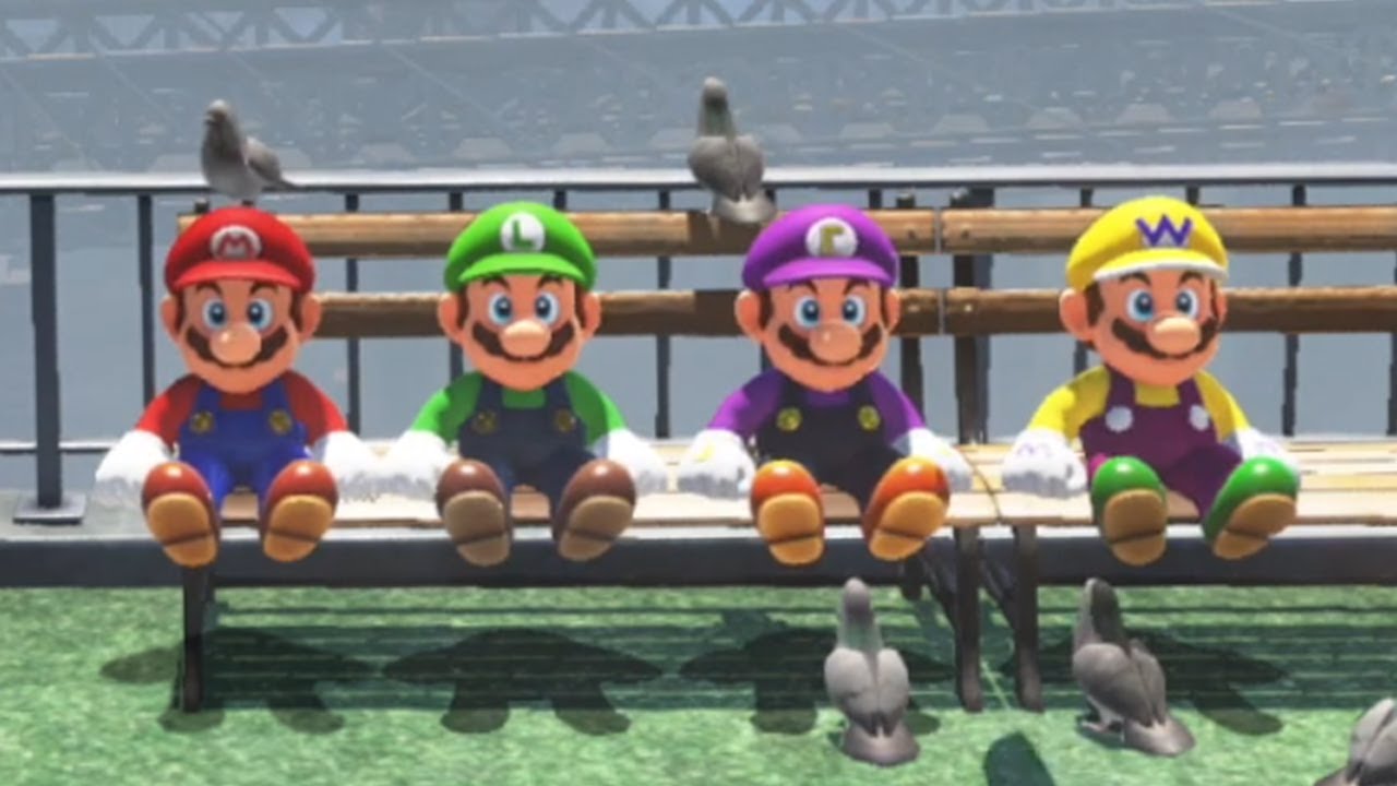 4 people try to sit on a bench in Mario Odyssey - YouTube