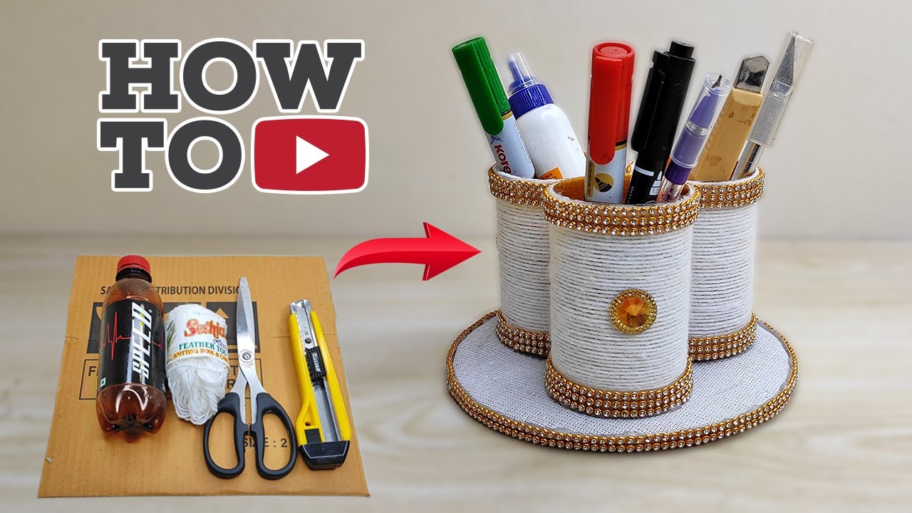 How to Make Pen Stand with Bottle | Plastic Bottle Pencil Holder | Pen ...