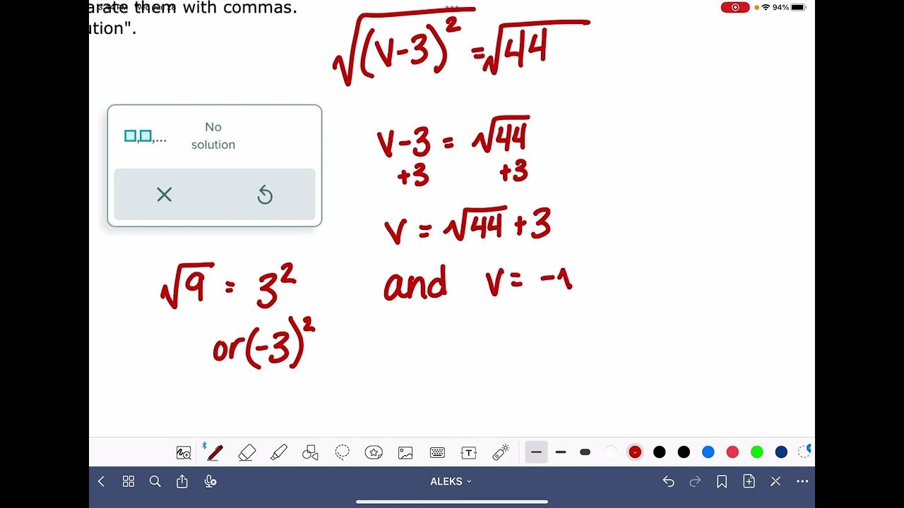 ALEKS: Solving a quadratic equation using the square root property: Decimal answers, advanced ...