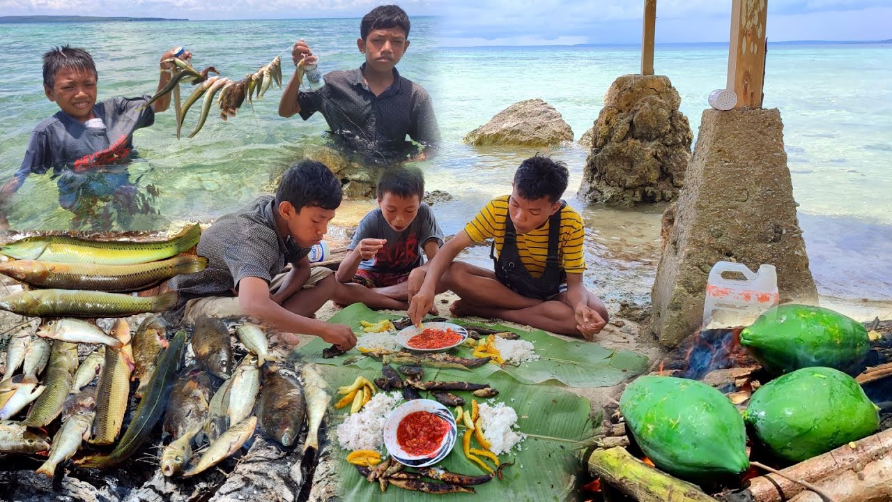 Mancing tradisional di laut dangkal, hasilnya langsung bakar di kolong ...