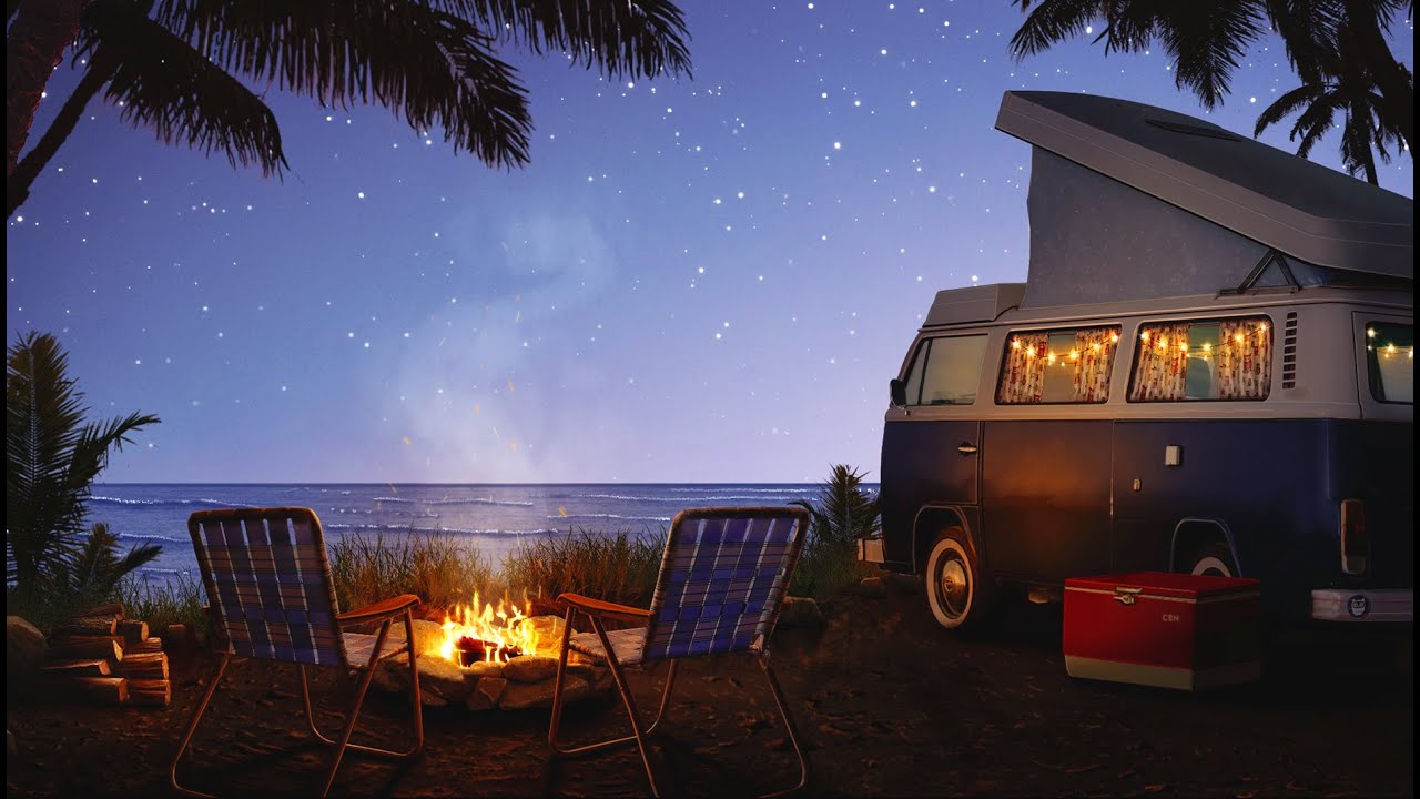 Campfire by the Sea Ambience | Crackling Fire, Ocean Waves, & Crickets ...