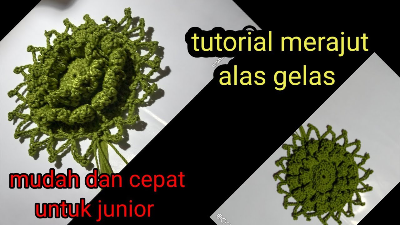 cara merajut alas gelas motif bunga sakura mudah & irit benang - YouTube