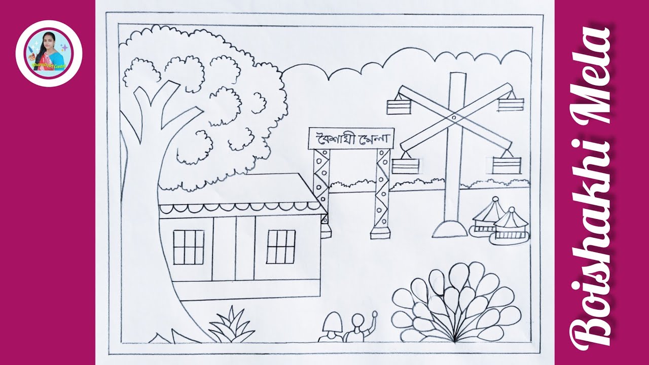 Pohela boishakh Drawing / Boishakhi Mela Scenery drawing step by step ...