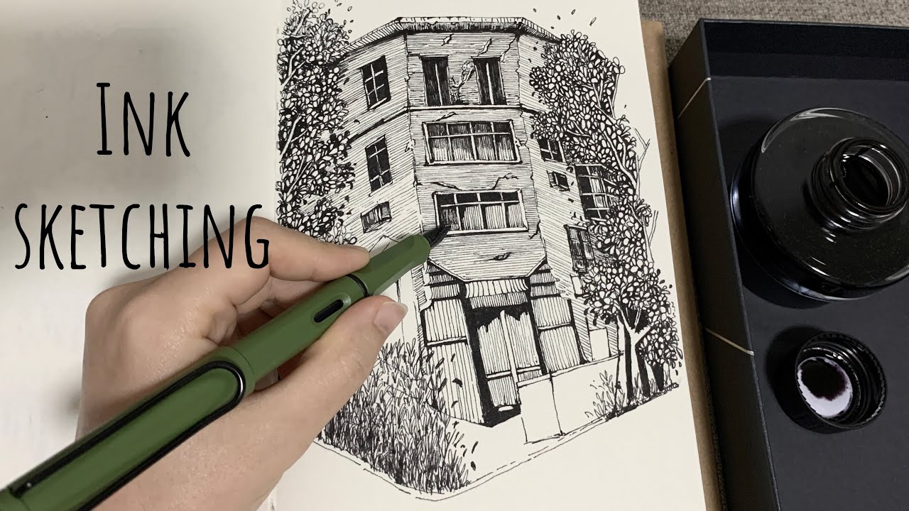 Ink sketching of old buildings with fountain pen in sketchbook - YouTube