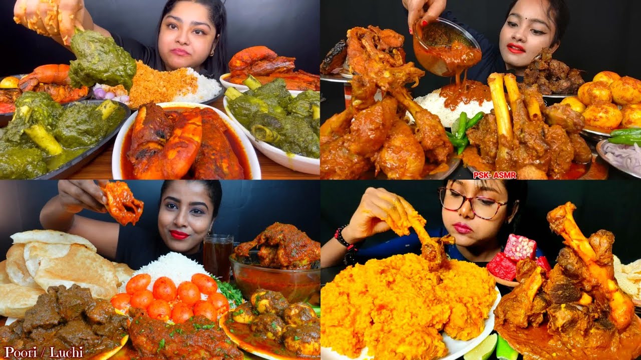 ASMR; EATING SPICY*MUTTON CURRY,PRAWN/CHICKEN/FISH/EGG CURRY,PURI,RICE ...