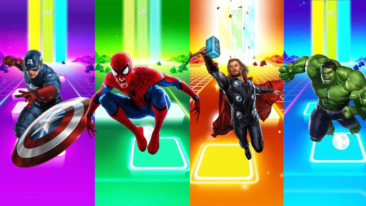 🇺🇸 Captain America, Spider-Man, Thor & Hulk: Superhero Tiles Hop Battle ...