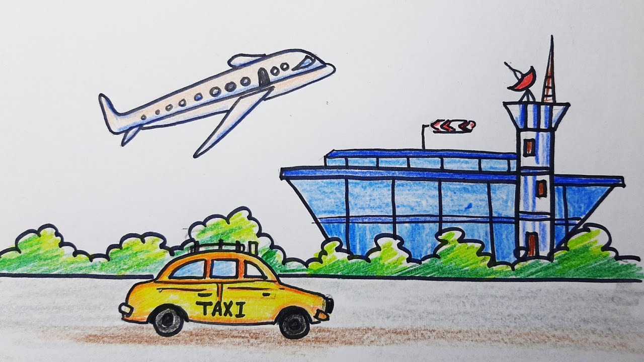Airport drawing / Airport scenery drawing for kids / Easy plane scenery ...