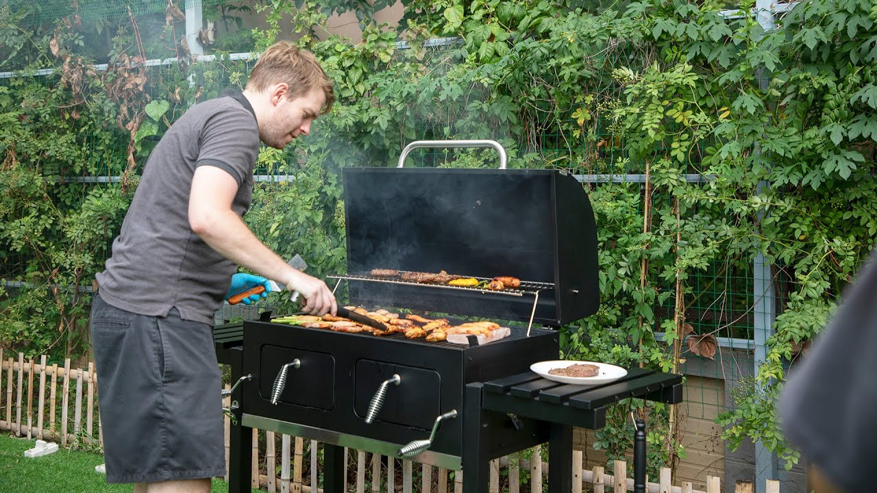 Double Door Charcoal Patio Grill with 2 Liftable Enamel Charcoal Trays ...