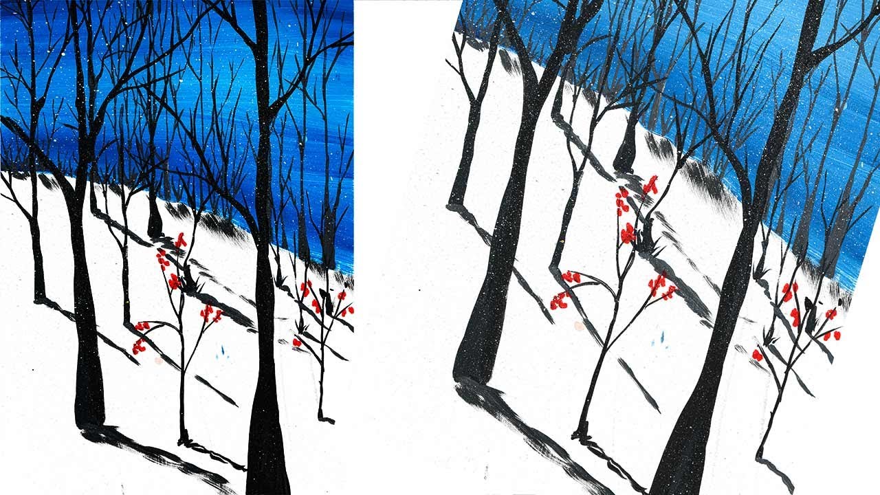 Как нарисовать зимний лес Рисуем зимний пейзаж Нарисуем лес гуашью