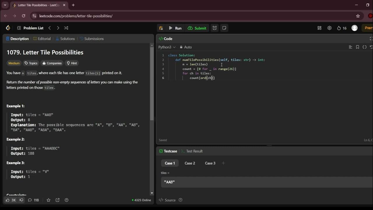 Leetcode Daily - 1079 Letter Tile Possibilities | Python - YouTube